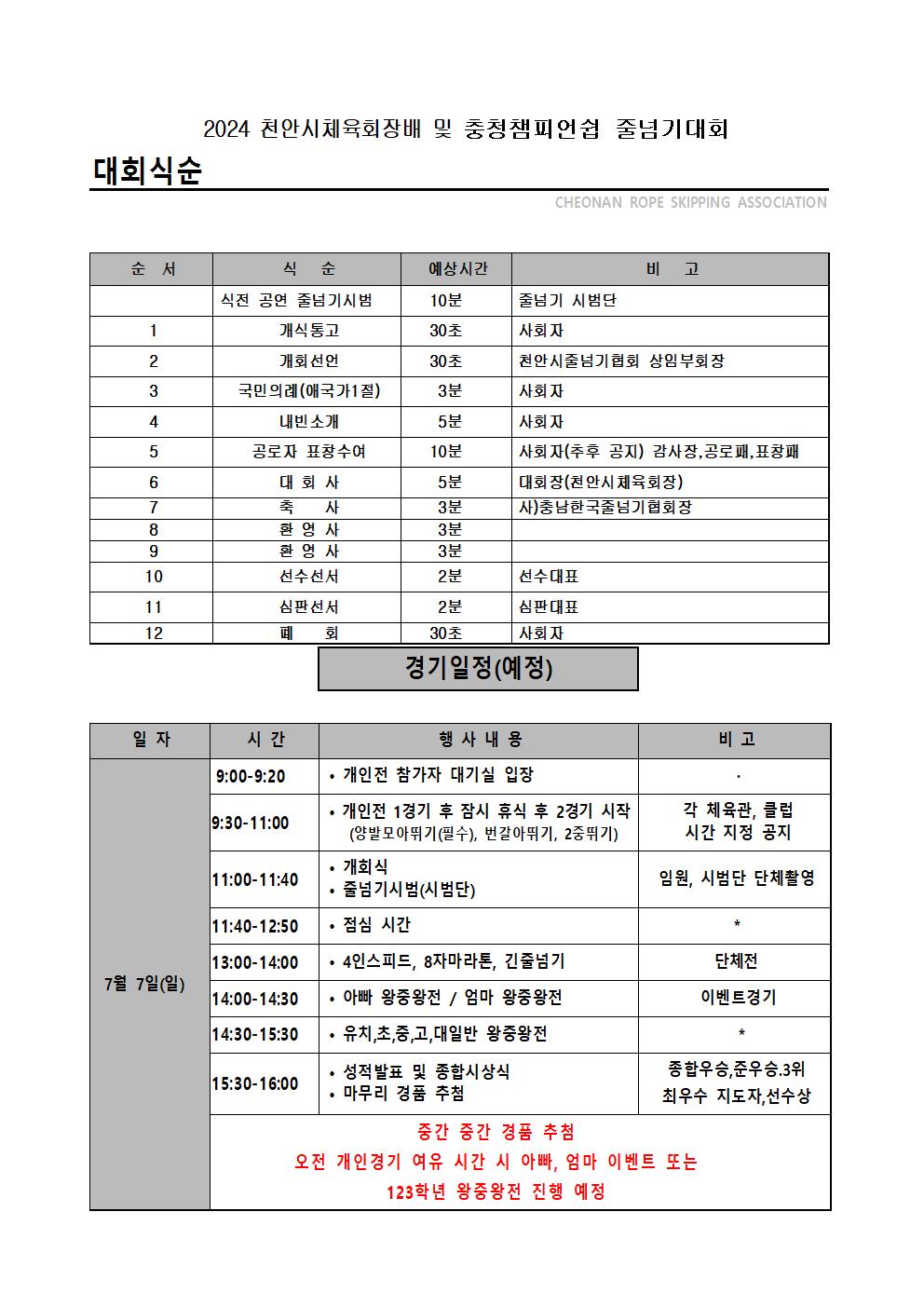 대회요강 광주챔피언십2023 2024천안시체육회장배 및 충청챔피언십 줄넘기대회